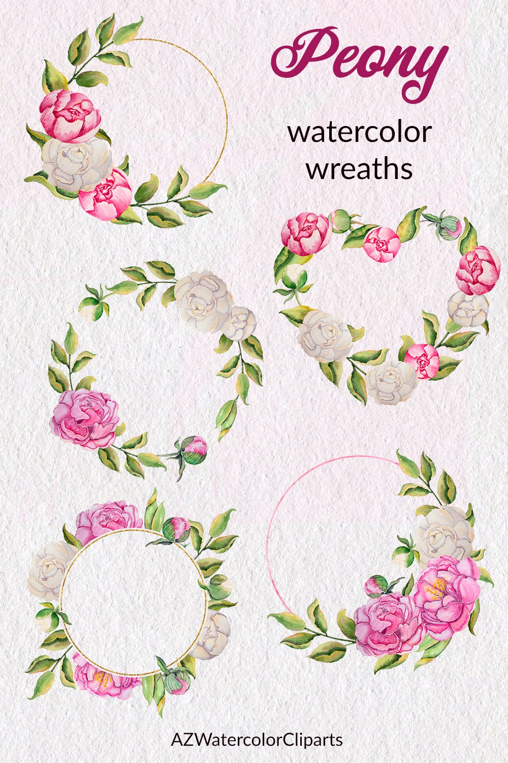 Peony watercolor wreath floral clipart PNG elements
