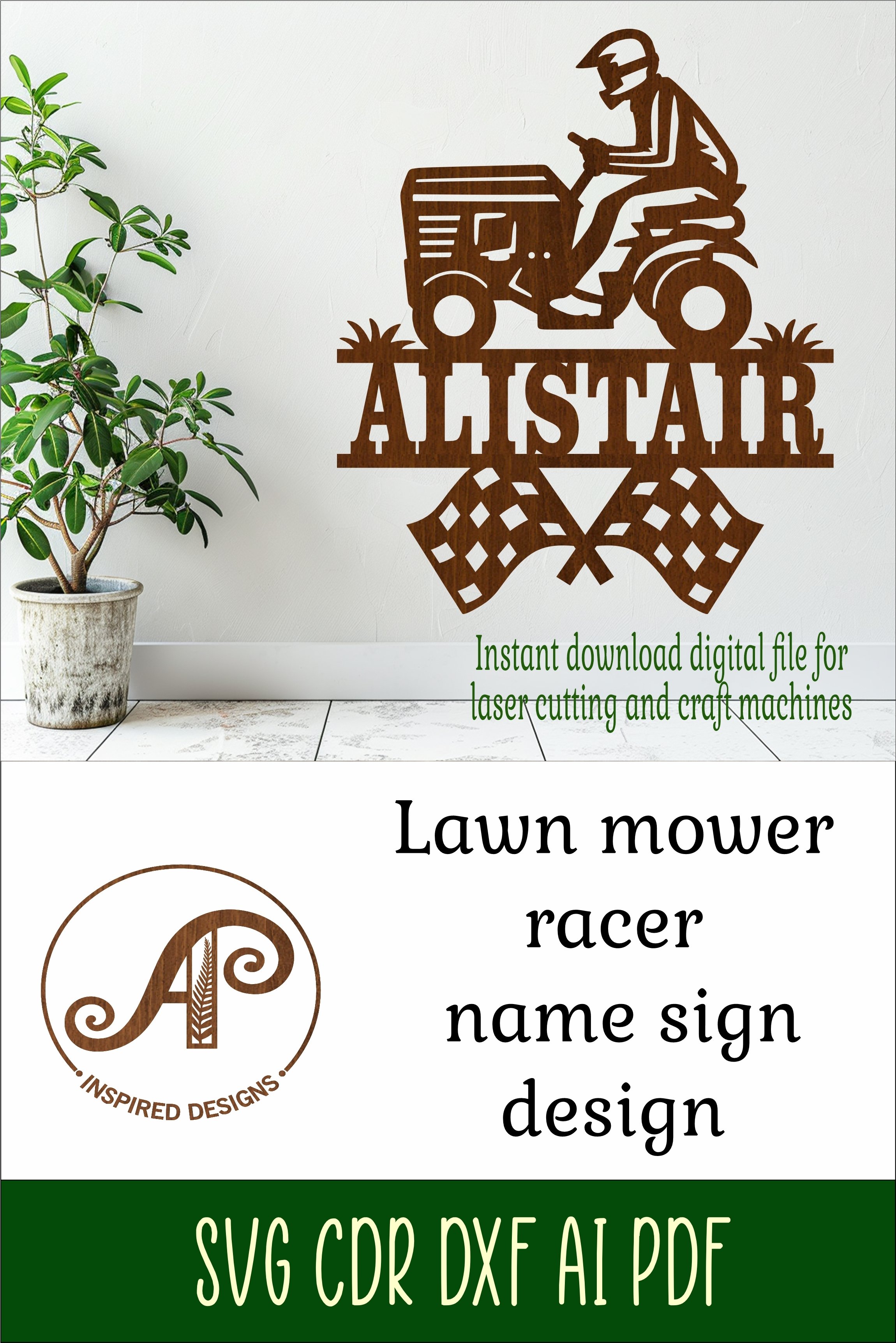Lawn mower racing name sign svg laser cut file