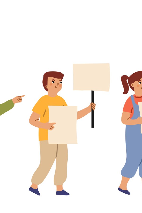 Kids with placards. Cute children demonstration, meeting wit