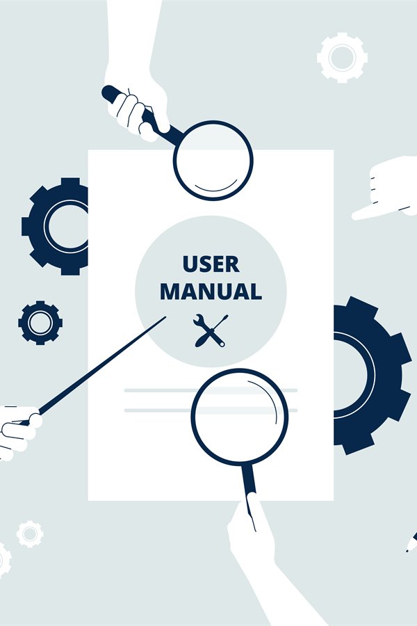 User guide document. Manual, flat training book. Hands indic