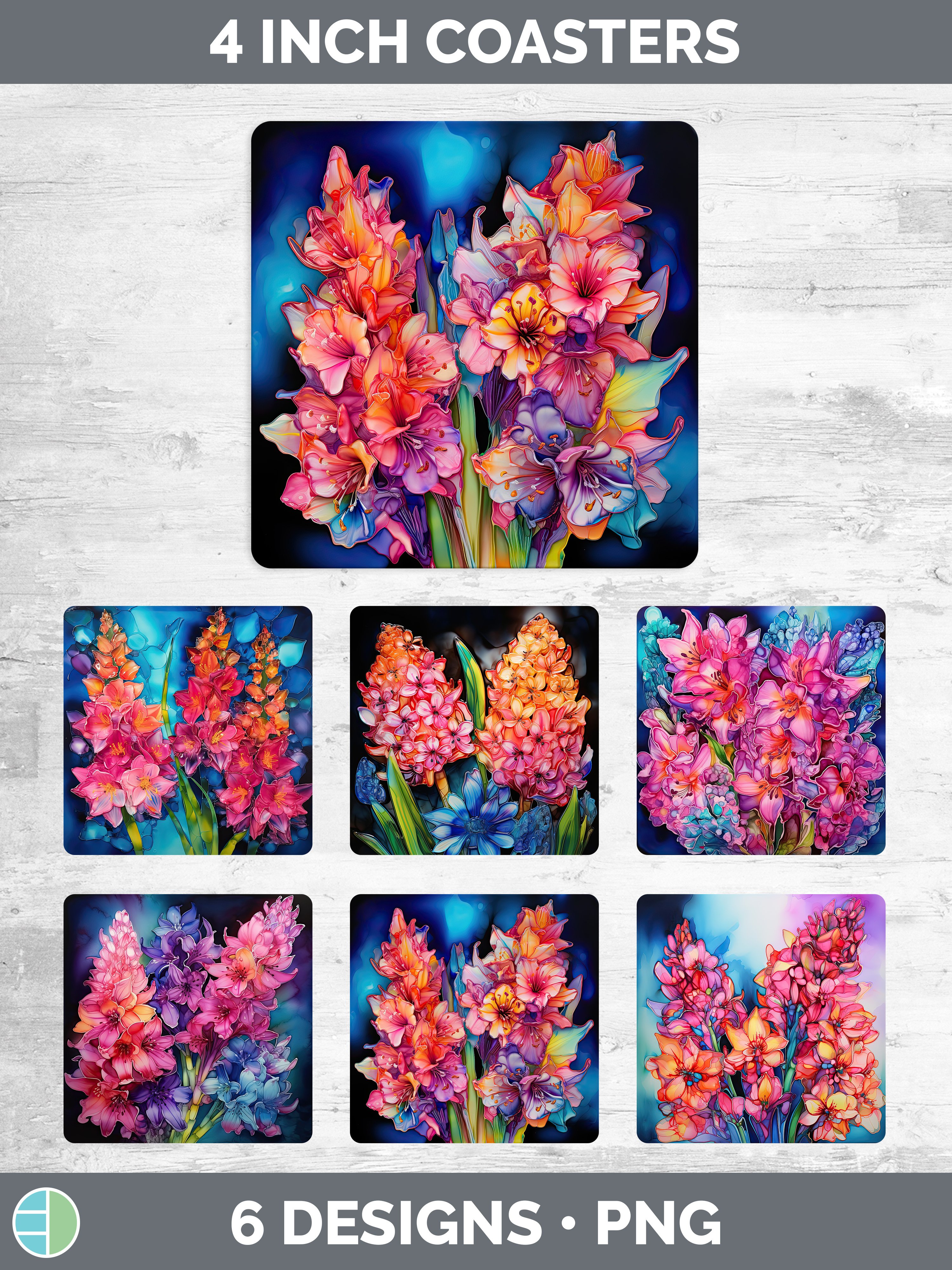 Neon Hyacinth Flowers Square Coaster | Bundle Coaster Design