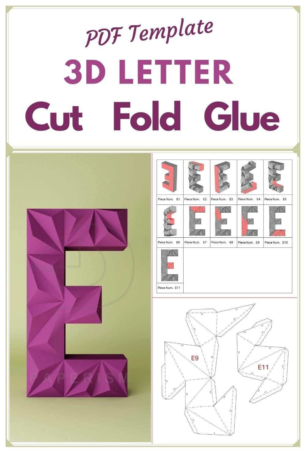 E Letter Papercraft, 3d Alphabet, DIY pdf template, low poly