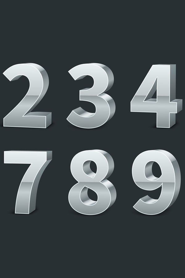 Silver 3d numbers. Realistic shiny metallic number symbols w