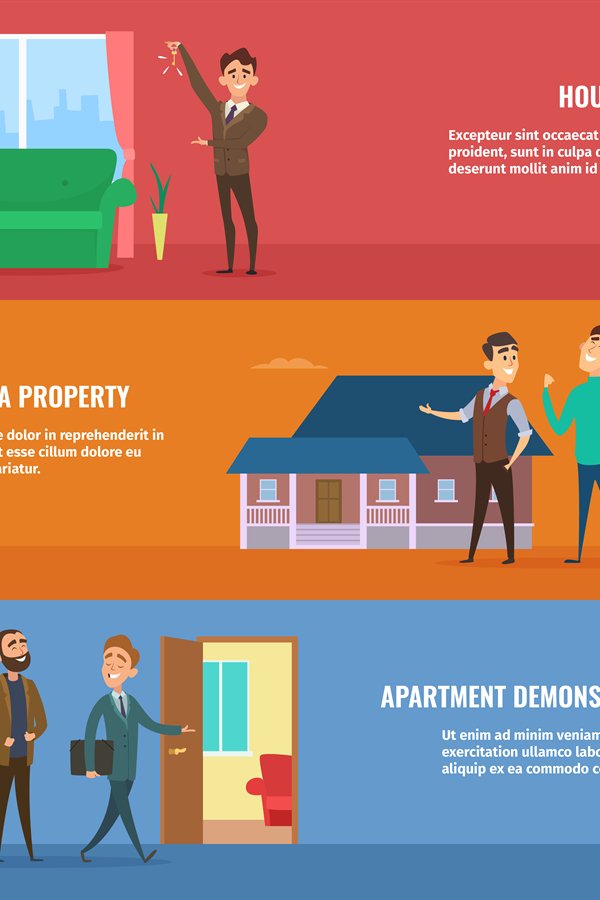 Business concept illustrations set. Real estate agents selli