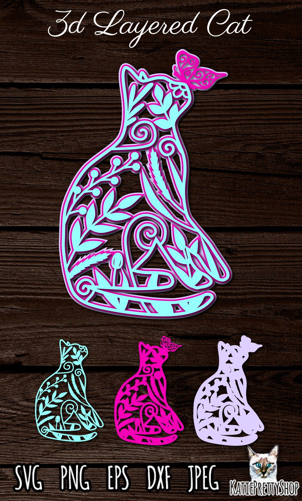 3d Layered Cat with Butterfly SVG, lazer cut file.