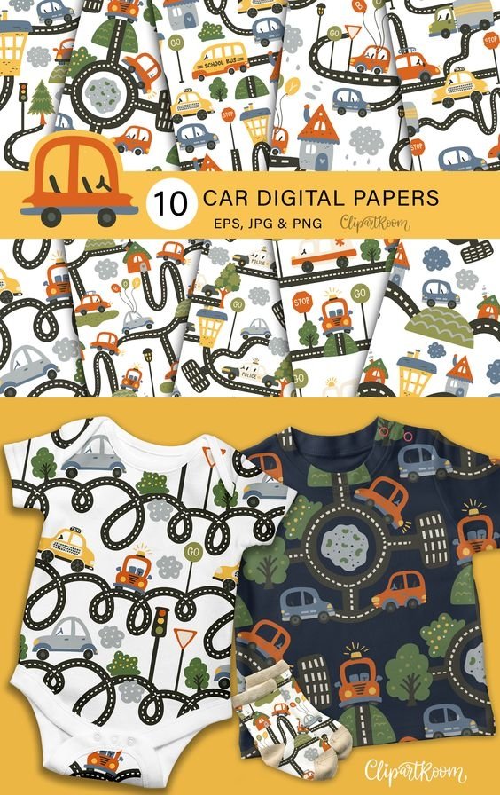 Car seamless pattern set. Baby boy background pack.