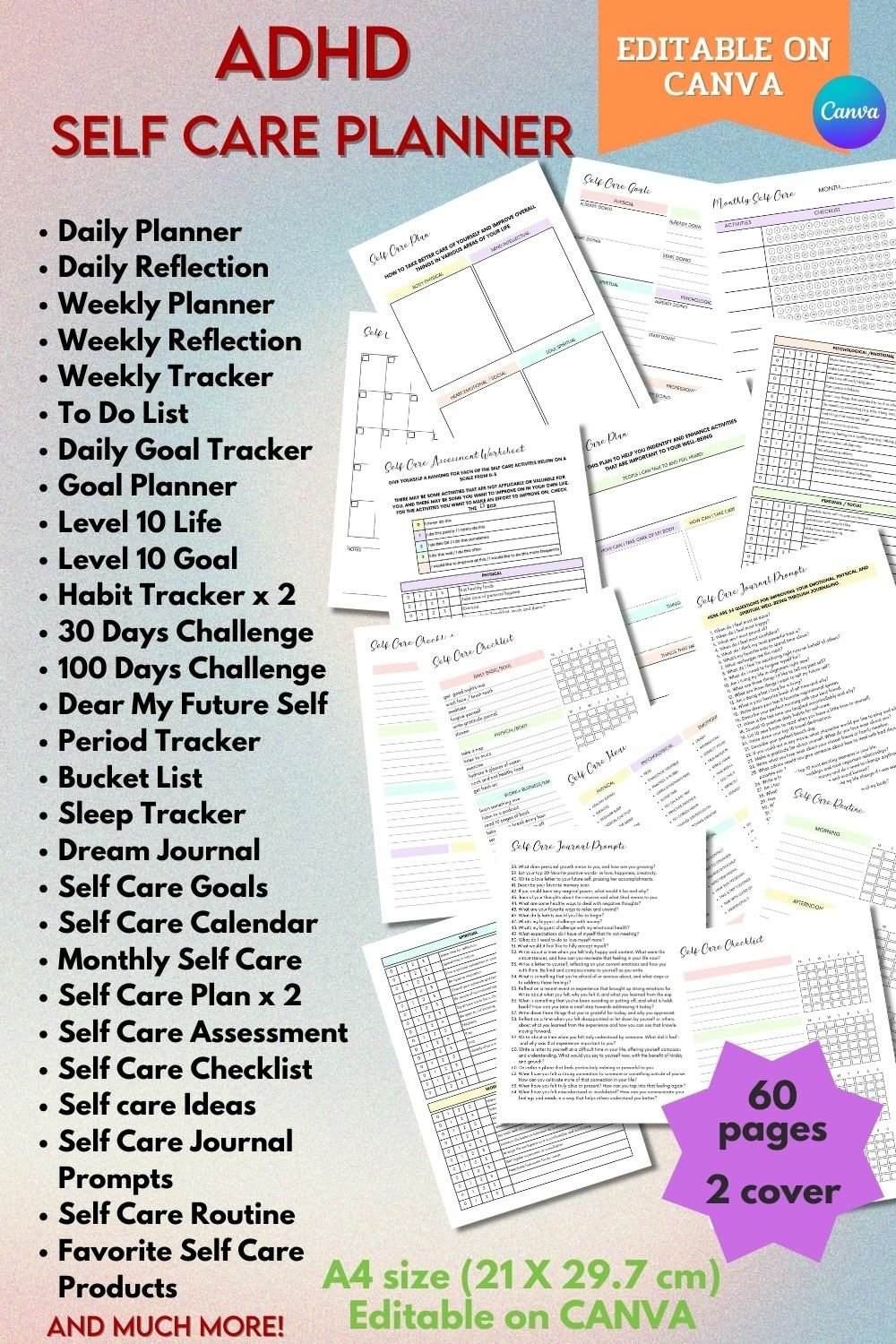 ADHD Self Care Planner - Canva Template