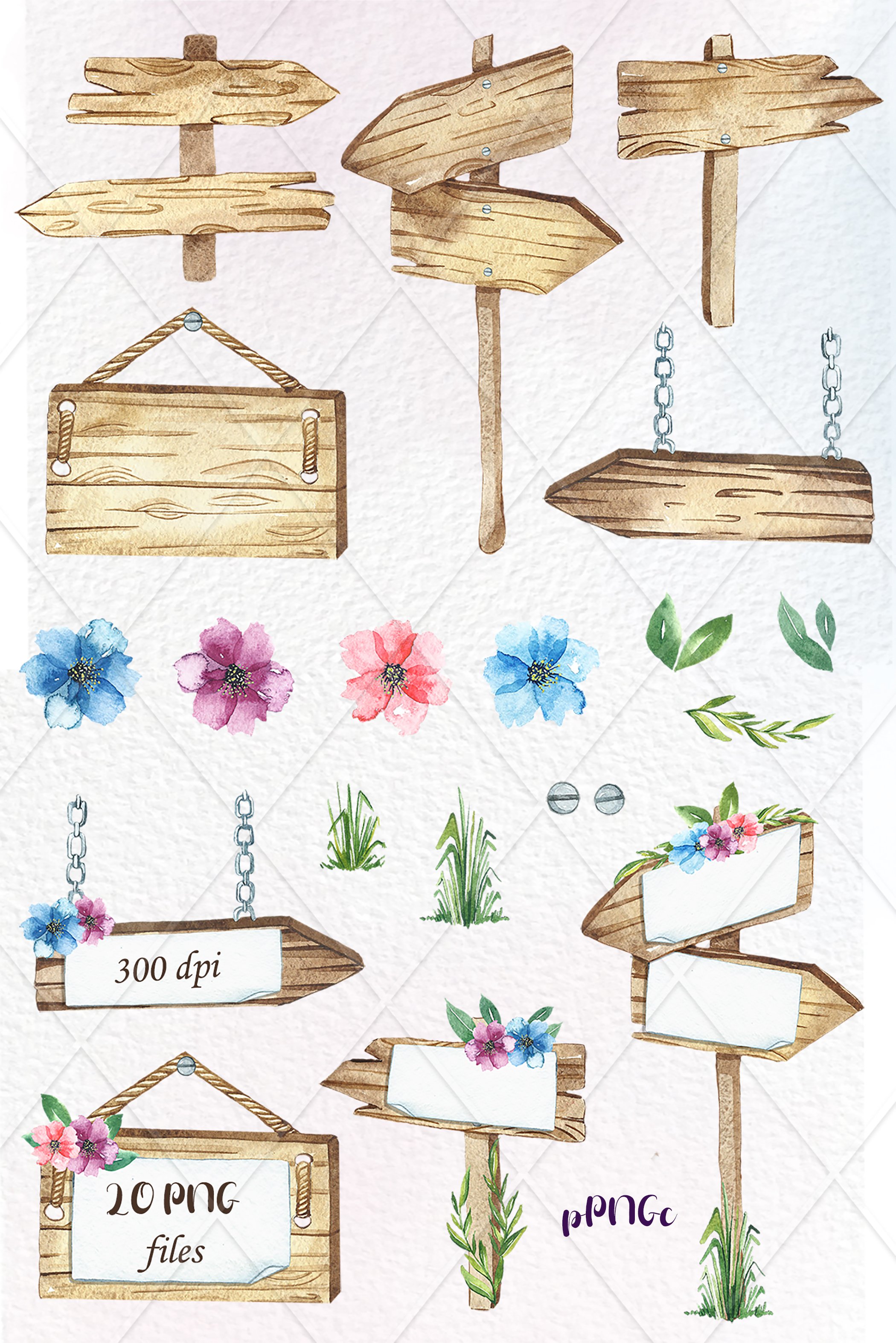 Watercolor Wooden Signs Clipart, Wooden Borders