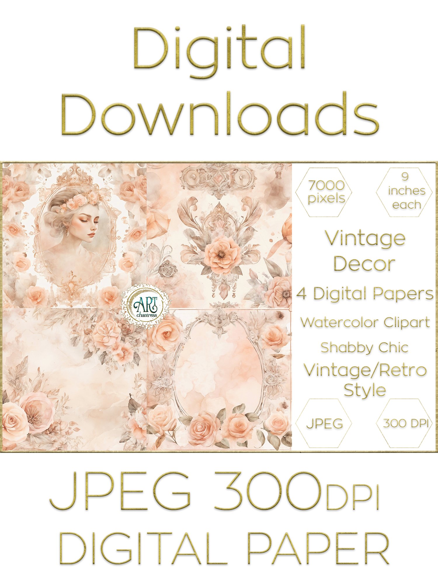 Watercolor Vintage French Pink Digital Paper Roses (3376928)