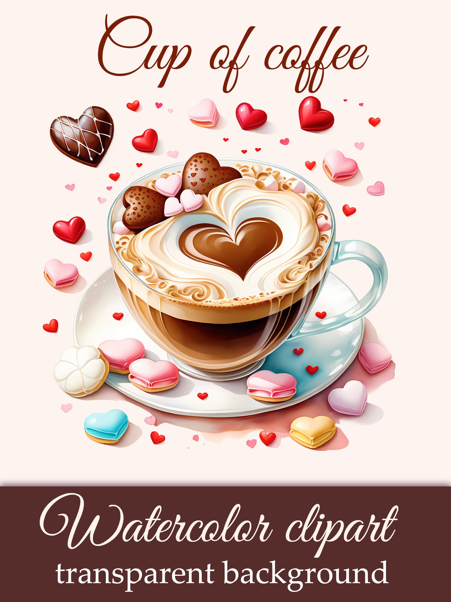 Watercolor coffee cup with hearts and chocolate, clipart Png