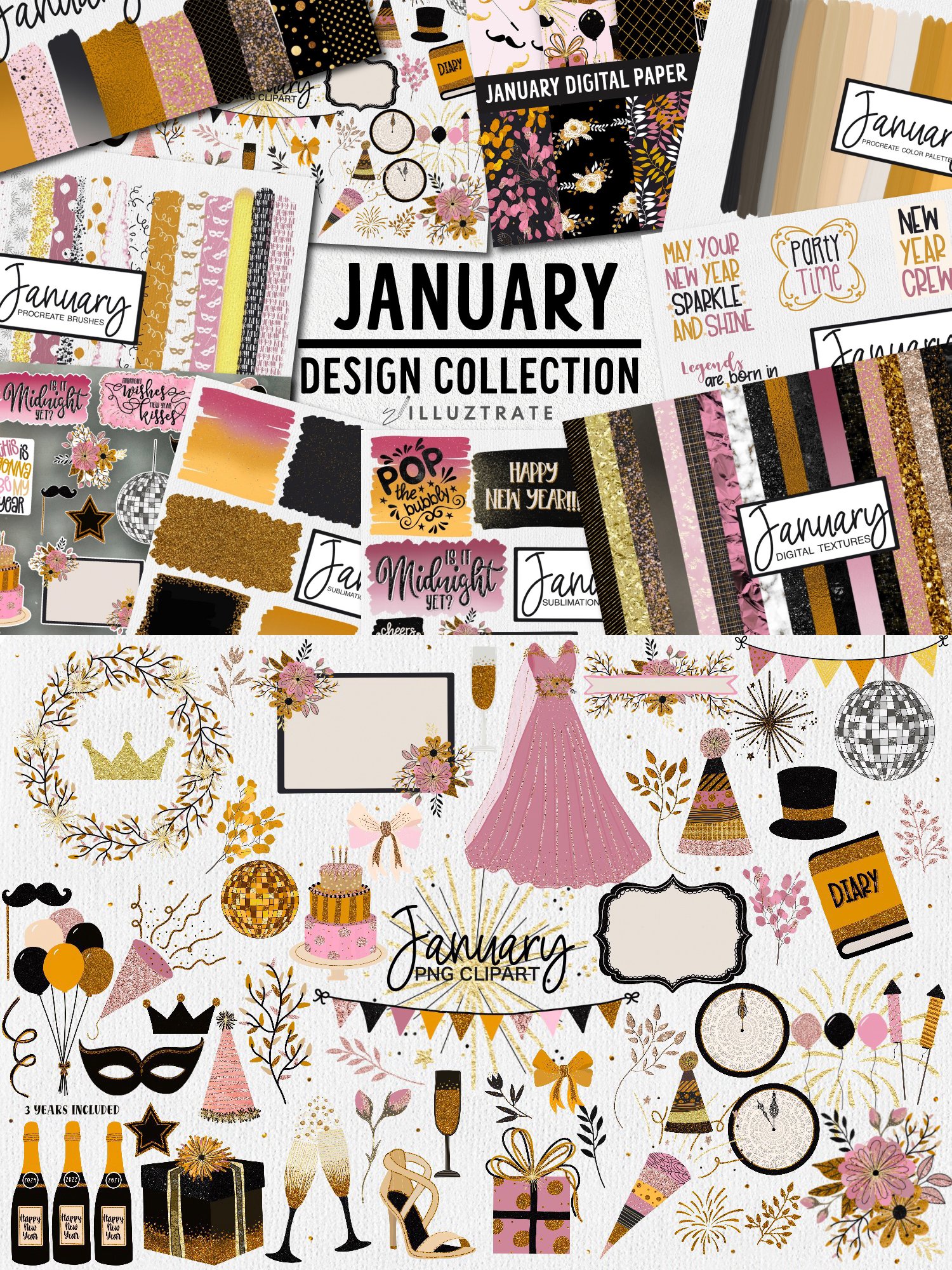 January Design Collection | Brushes Clipart and Patterns