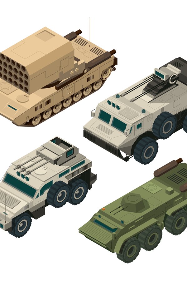 Isometric pictures of army heavy vehicles. Vector pictures s