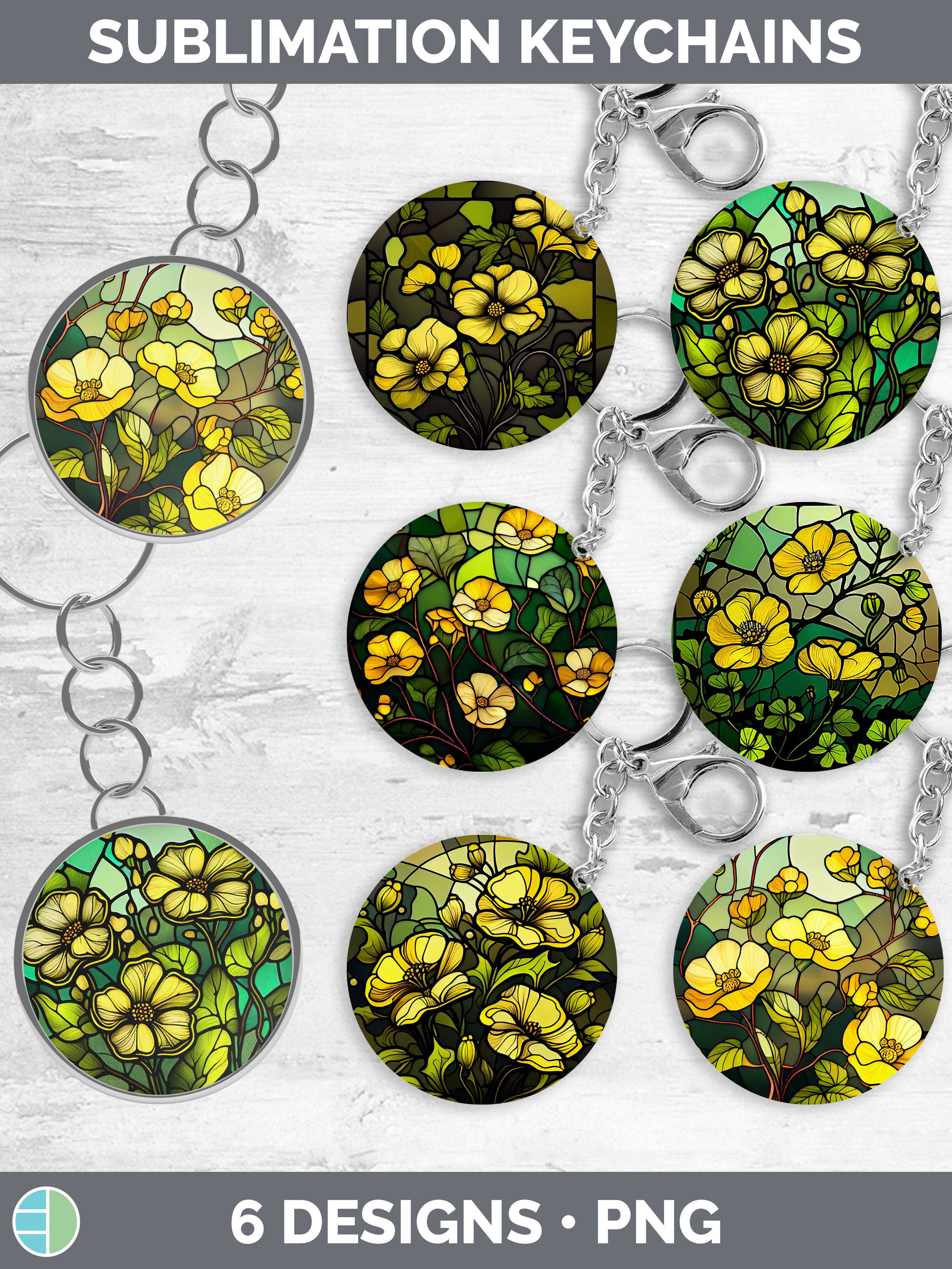 Stained Glass Buttercup Flowers Keychain | Sublimation Keyri