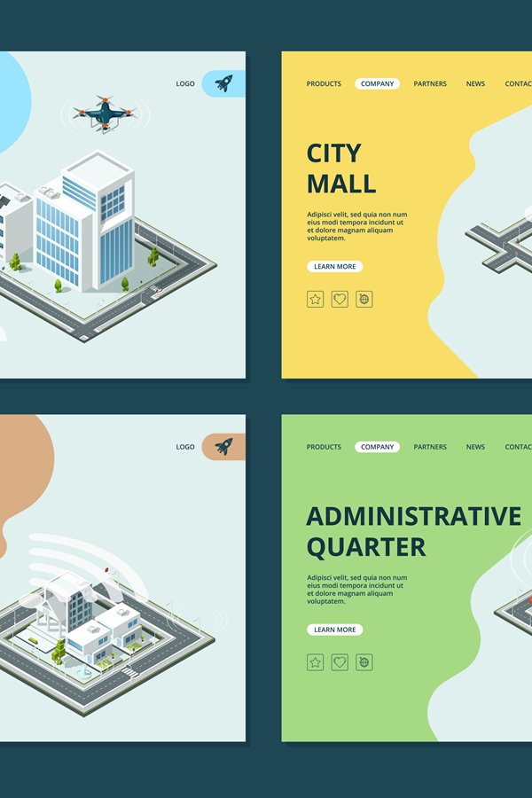 Smart city. Website landing pages template with isometric ur