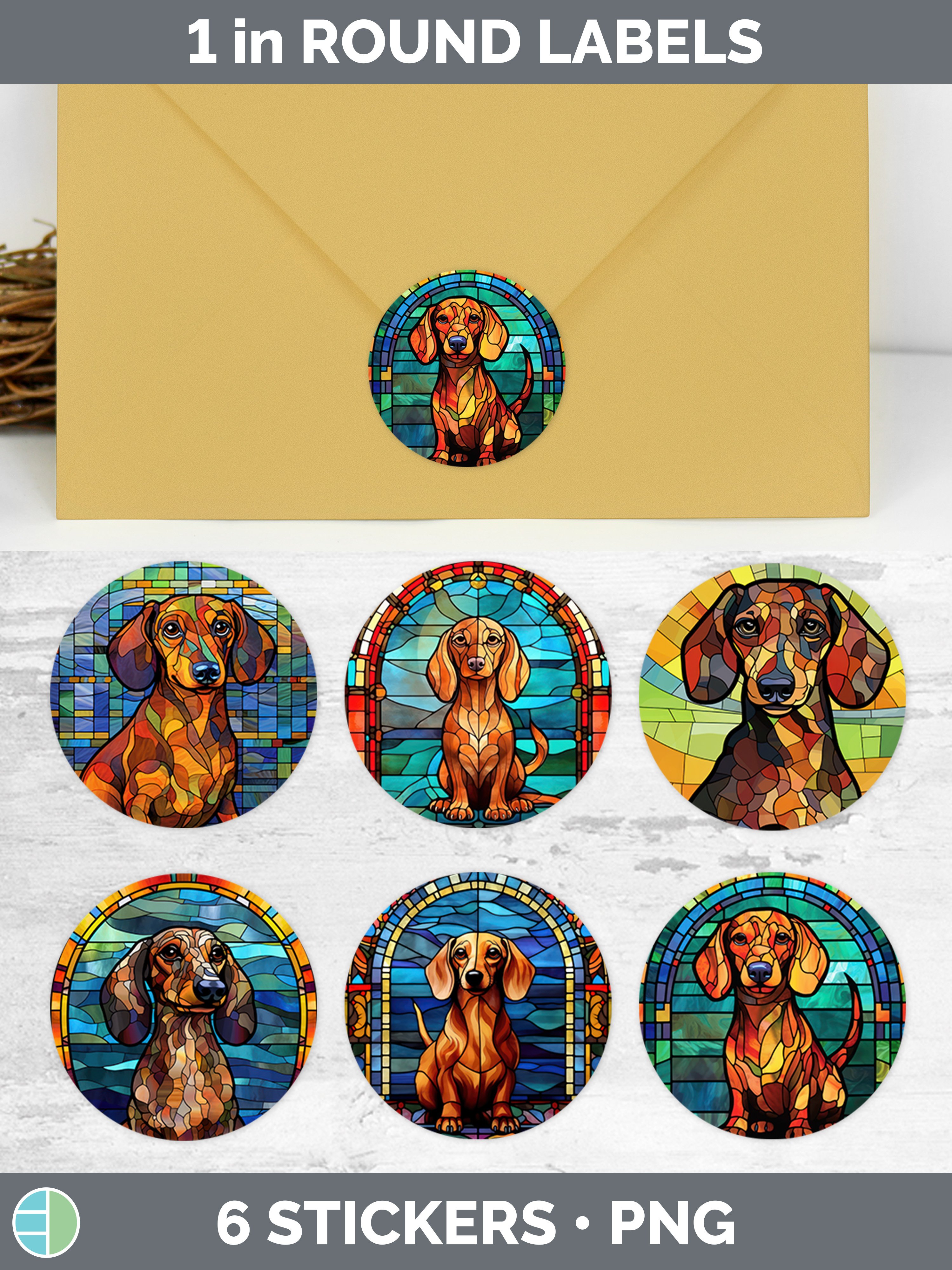 Stained Glass Dachshund Dog Stickers | Round Labels Designs