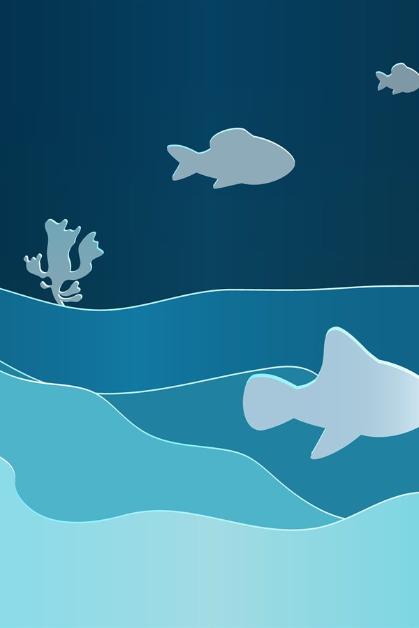 Paper underwater. Seascape seafloor, undersea with seaweed.