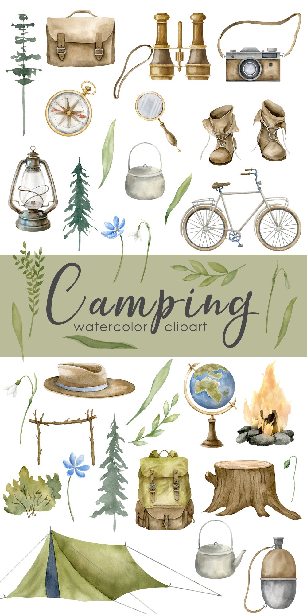 Camping watercolor clipart set | Travel bundle | Wanderlust