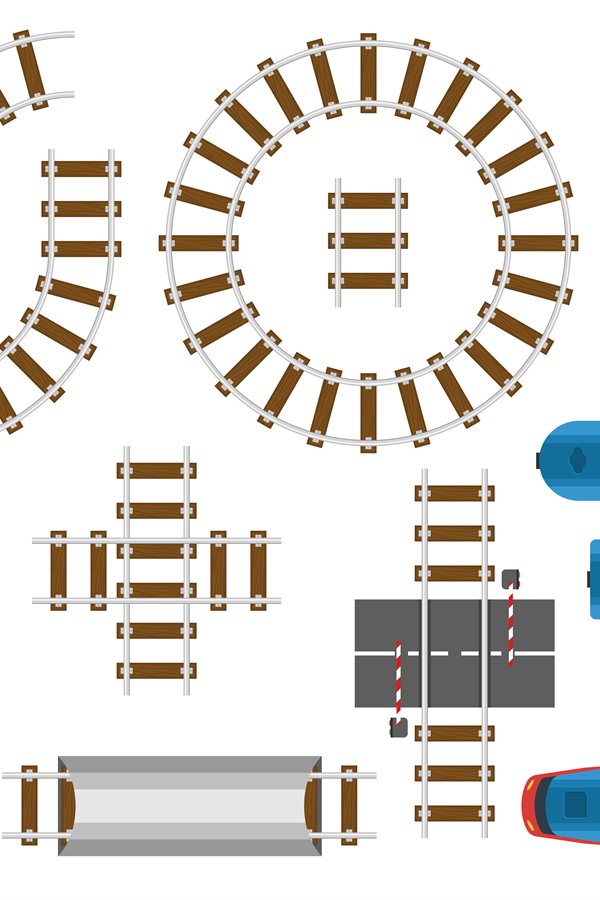 Top view railway tracks and railroad transport - trains, car