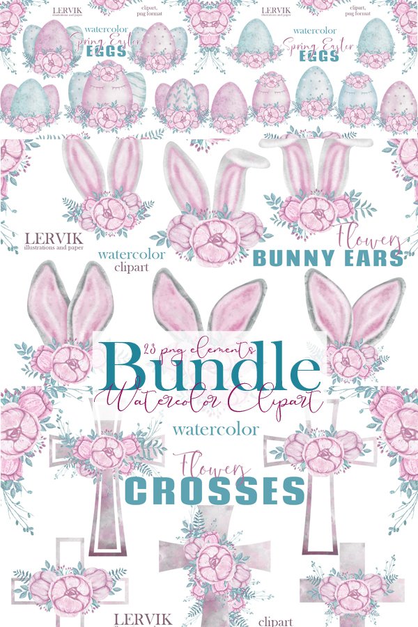 Easter Flowers Clipart Bundle/ Bunny Ears, Eggs,Crosses