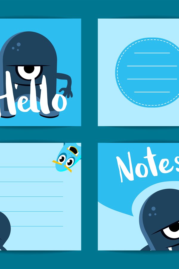 Vector square note cards set with cute cartoon monsters