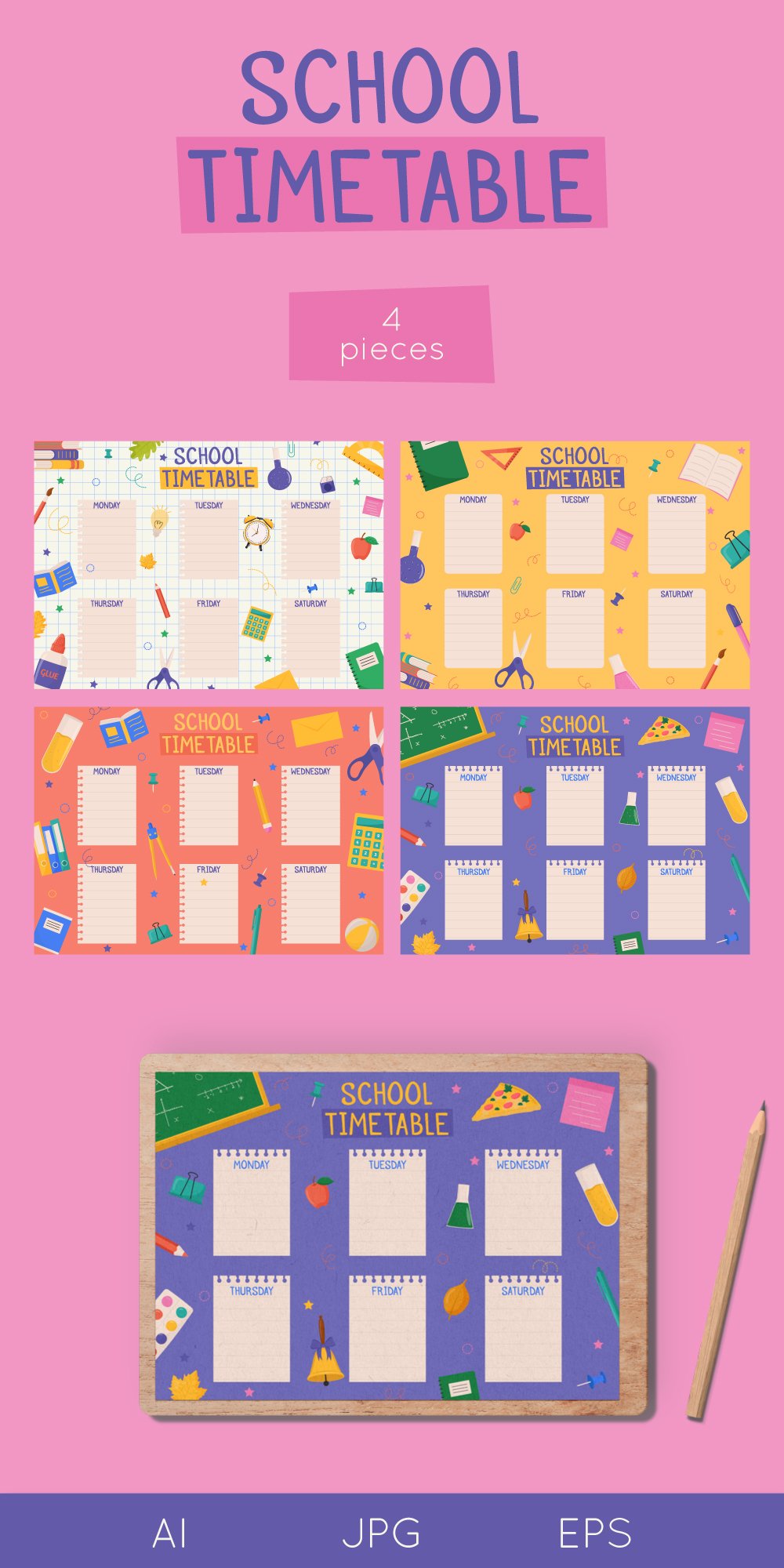 Back to school timetable. School schedule. Weekly planner