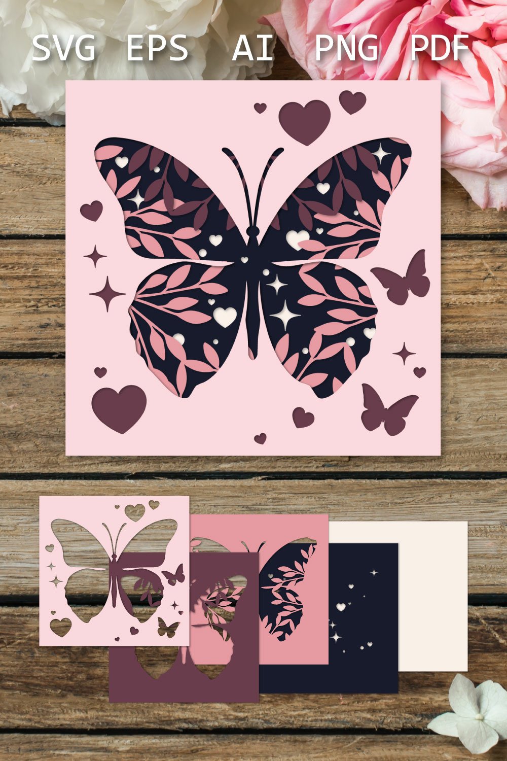 Layered Butterfly with hearts SVG, Valentine's Day Card 3D