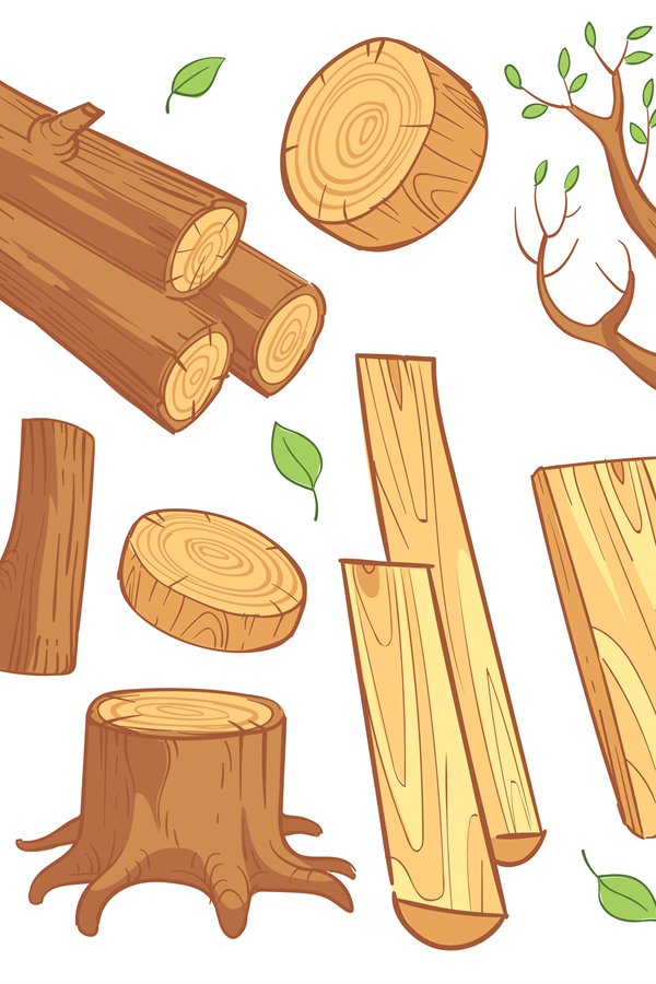 Cartoon wooden materials, lumber, firewood, wood stump vecto