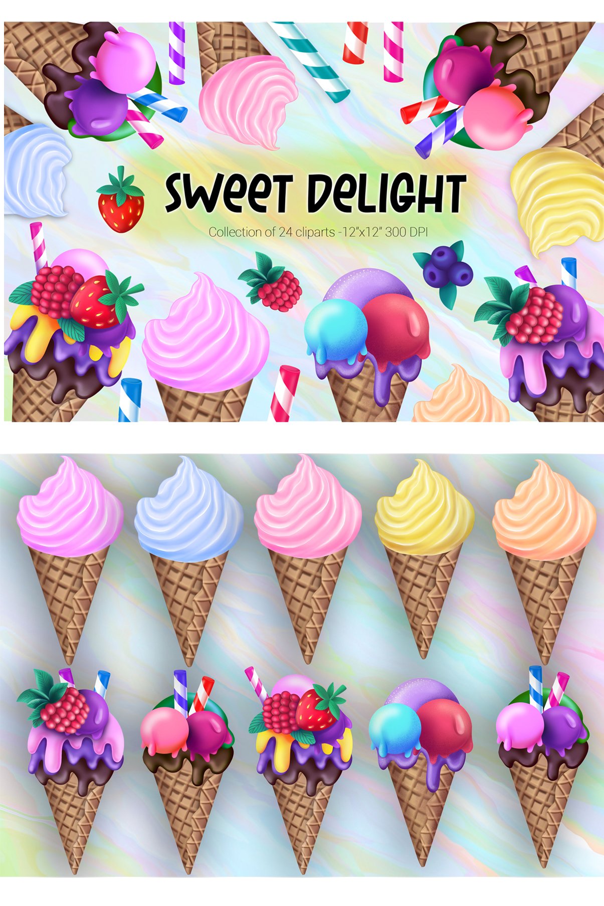 Sweets and ice cream. Collection of cliparts