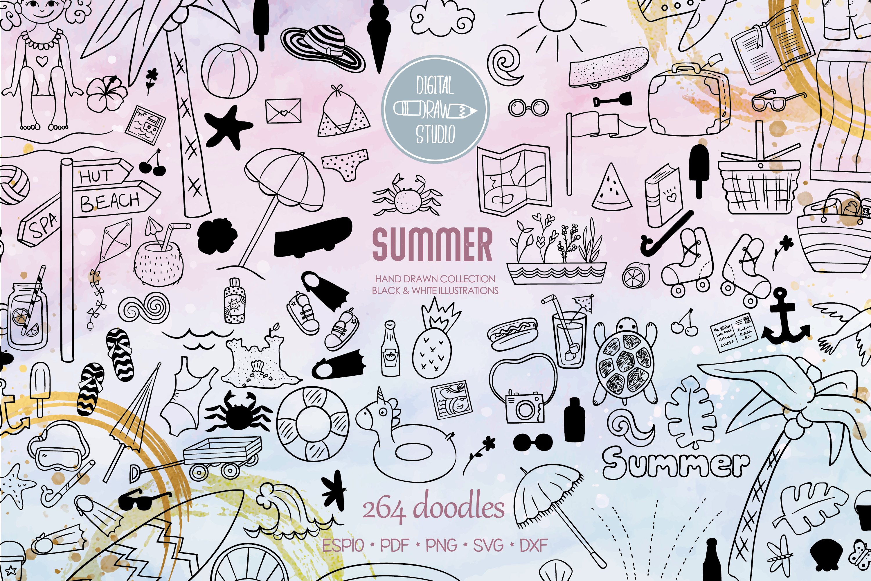 Summer Season Doodles | Beach, Coconut Tree, Sun, Ice Cream