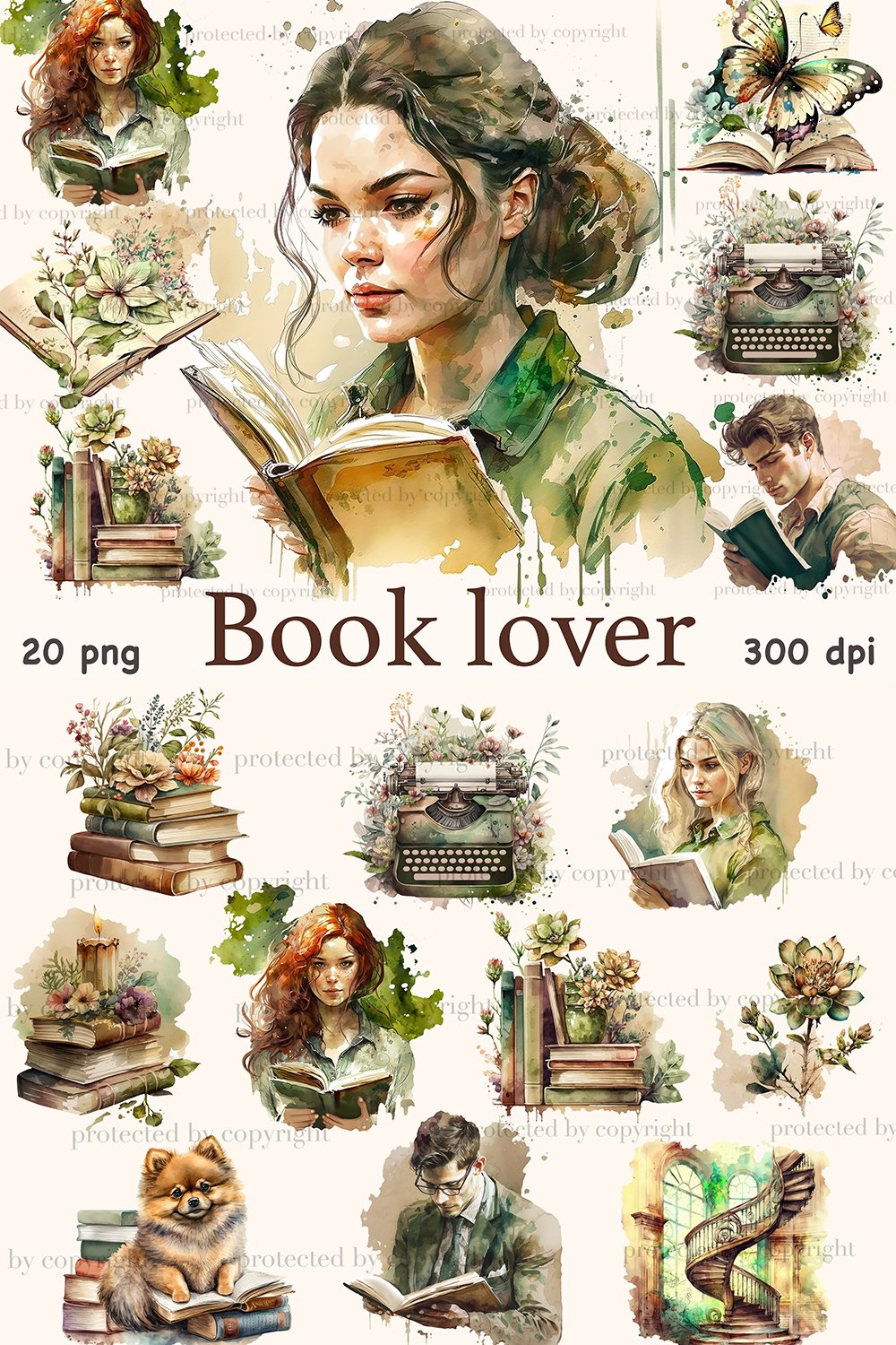 Book Lover Clipart | Watercolor Portrait Illustration Set