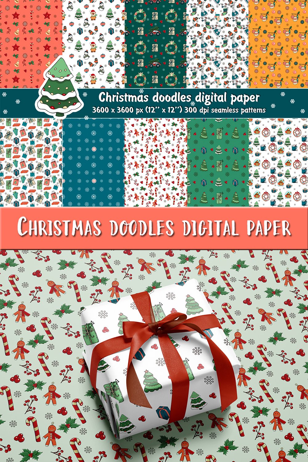 Christmas doodles digital paper Xmas vector seamless pattern