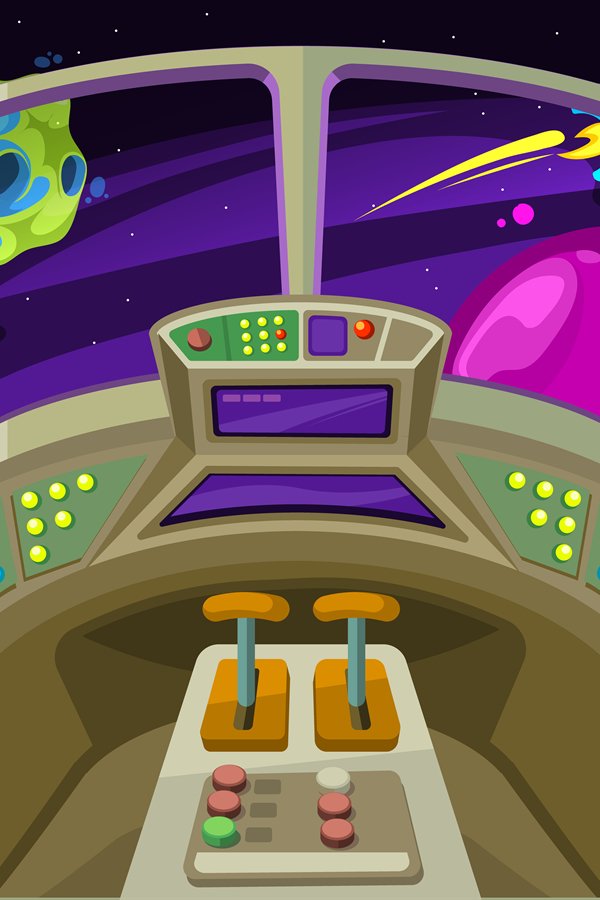 Cartoon spaceship cabin interior with windows into space wit