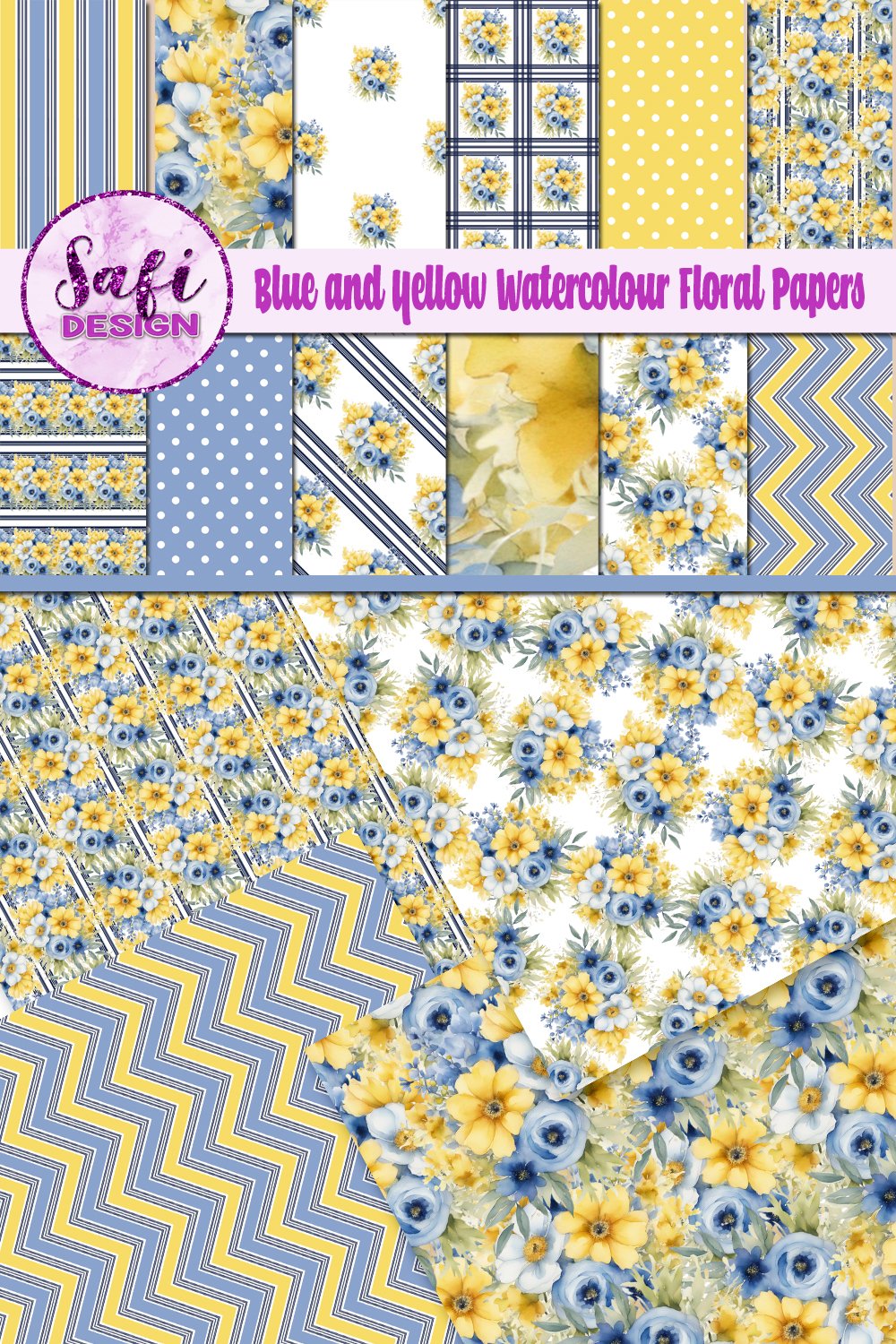 Blue and Yellow Floral Digital Papers Backgrounds