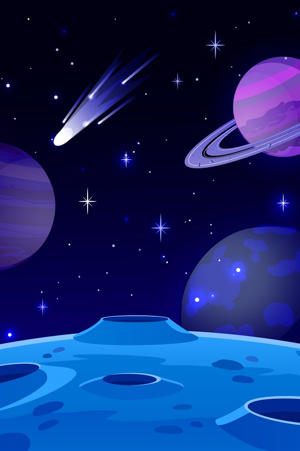 Cartoon space landscape. Cosmic planet surface, futuristic c
