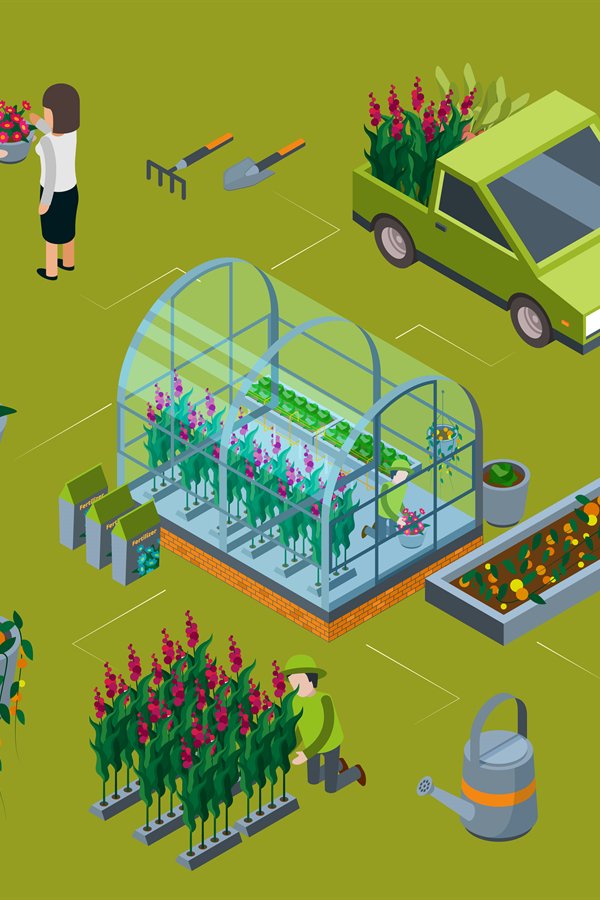 Isometric flower farm vector concept. Floristic 3D illustrat