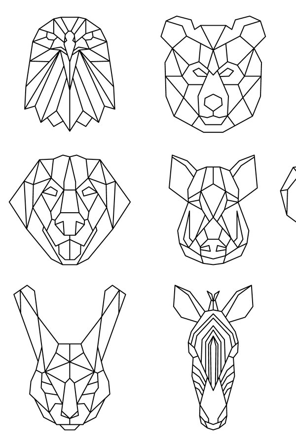Linear polygonal animal bear, snake, dog geometric heads. Lo