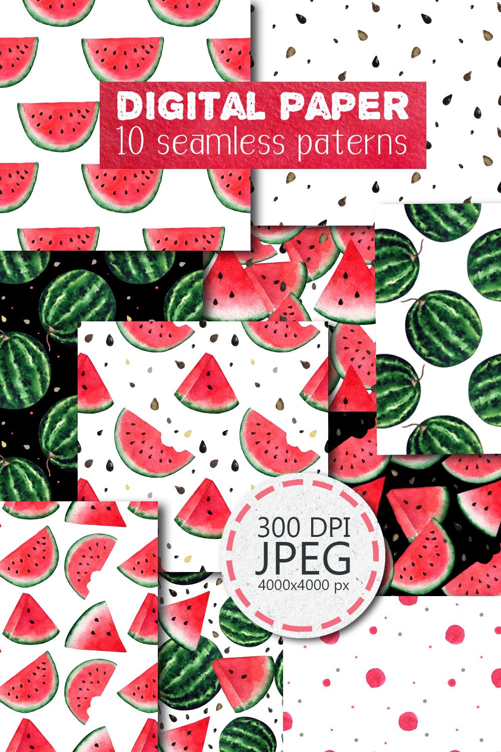 Watercolor watermelon digital paper. Seamless pattern