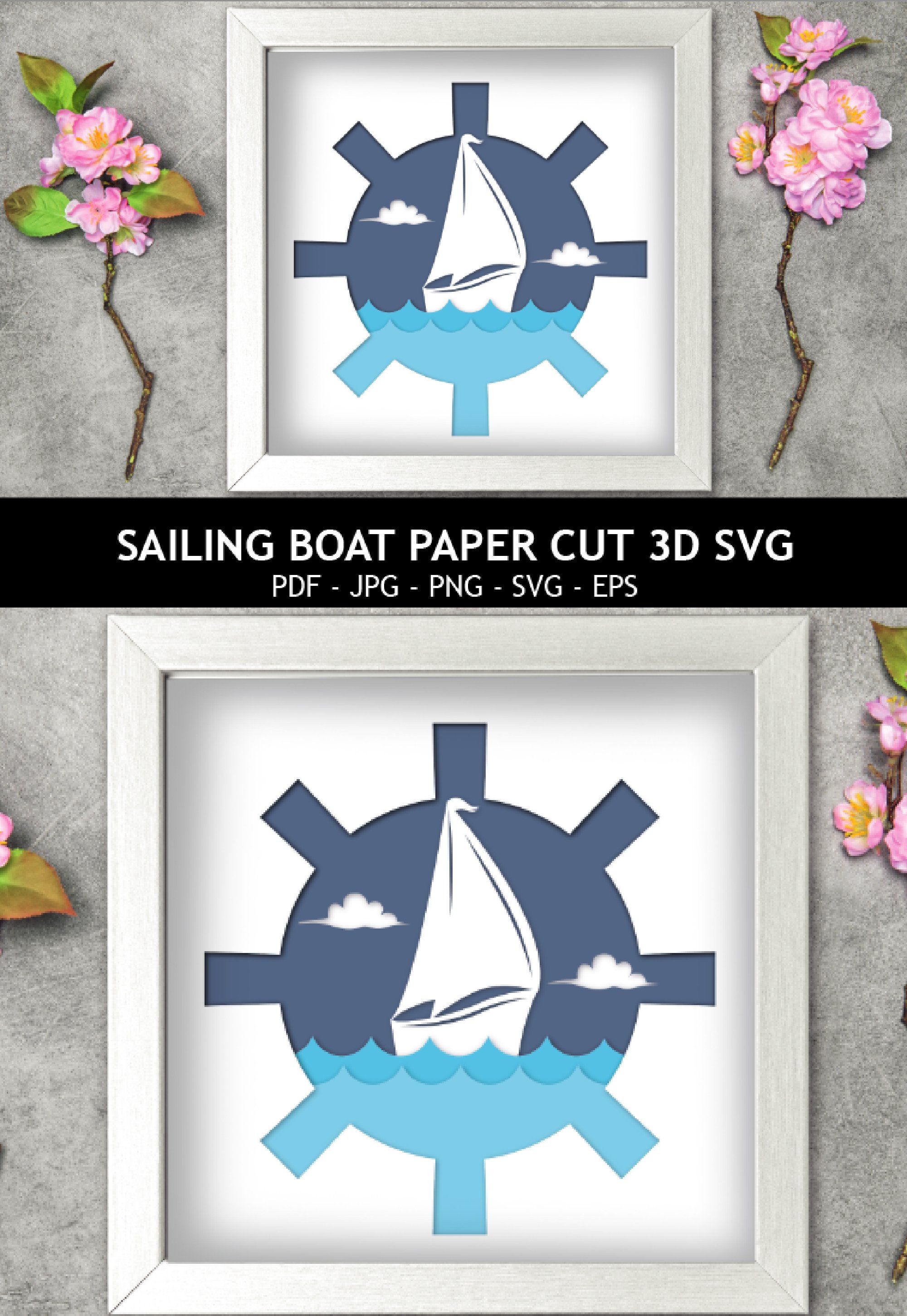 Sailing boat shadow box, SVG, 3d papercut SVG, layered paper