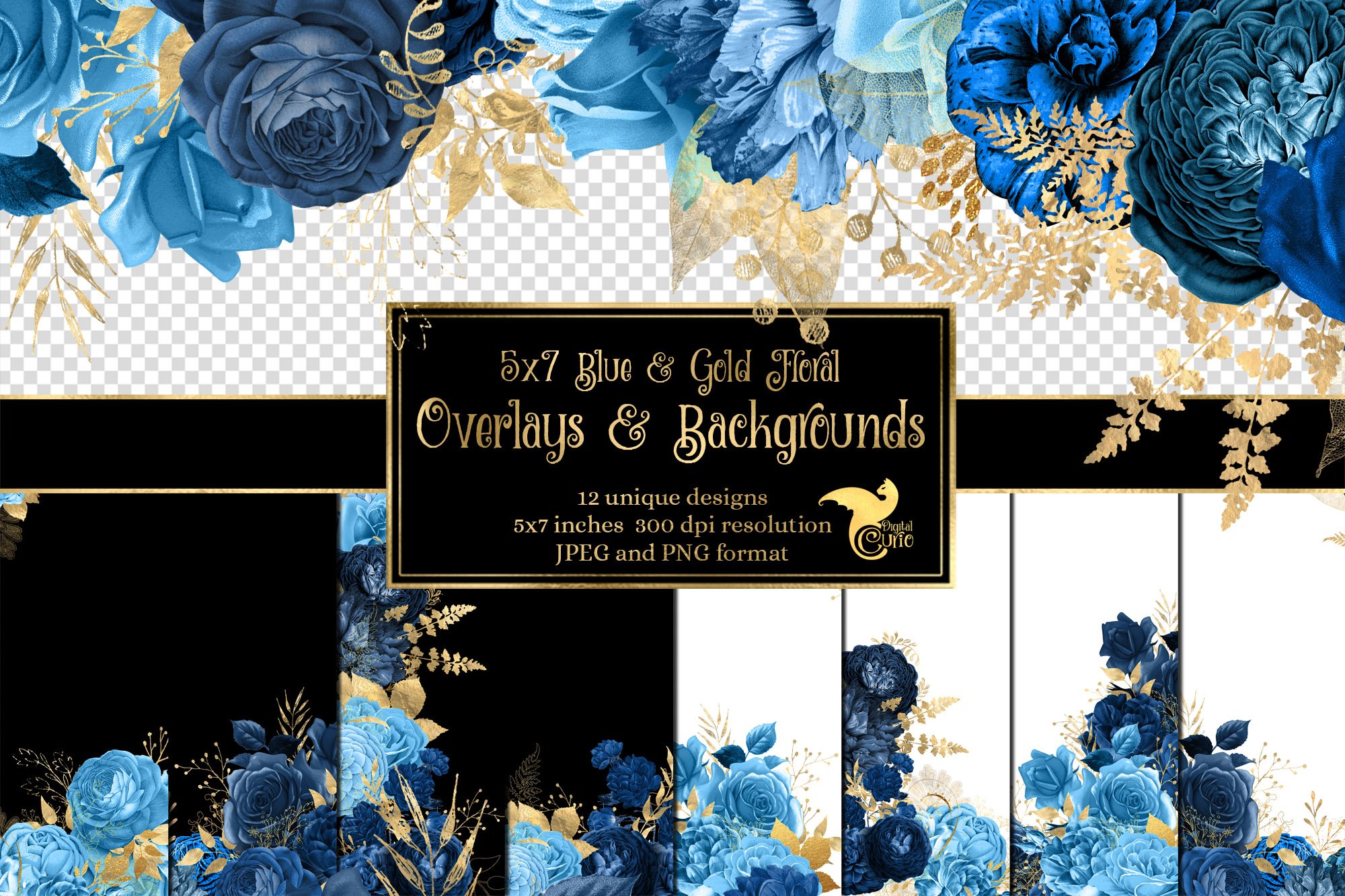 5x7 Blue and Gold Floral Overlays