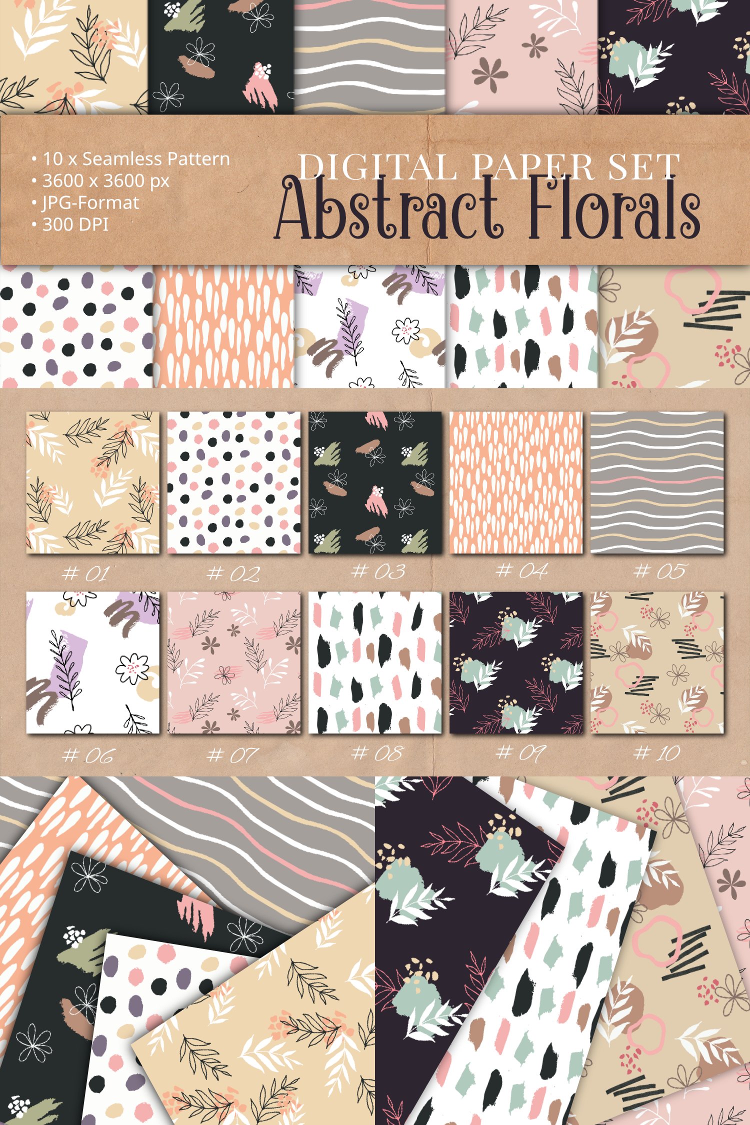Abstract Florals Pattern Set - 10 seamless Patterns