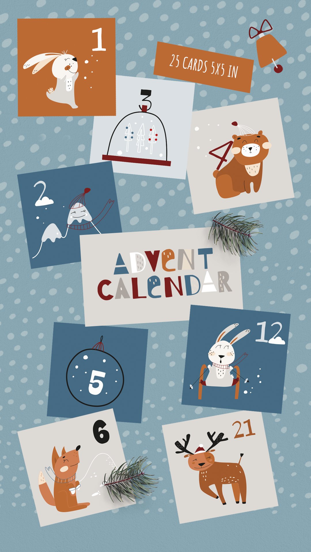Cute advent calendar with funny bunnies and forest animals