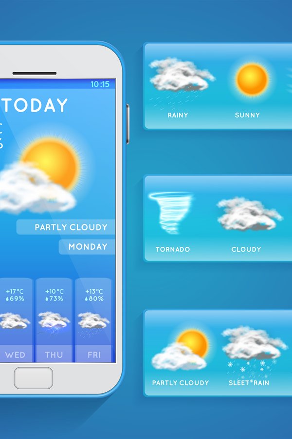 Weather forecast app on smartphone screen and realistic vect