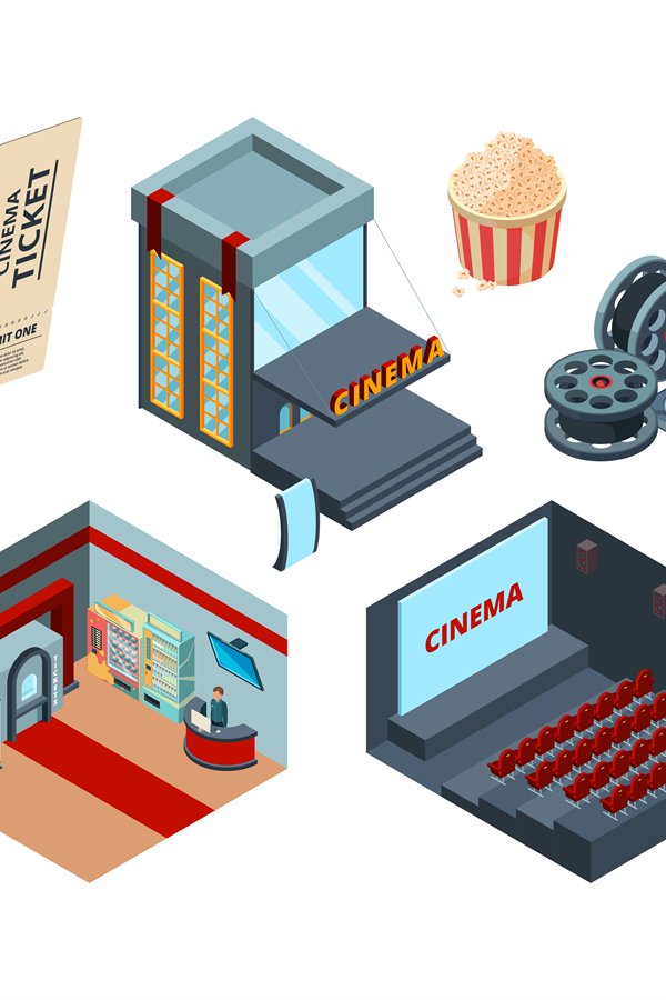 Cinema stage isometric. Inside interior of movie hall entert