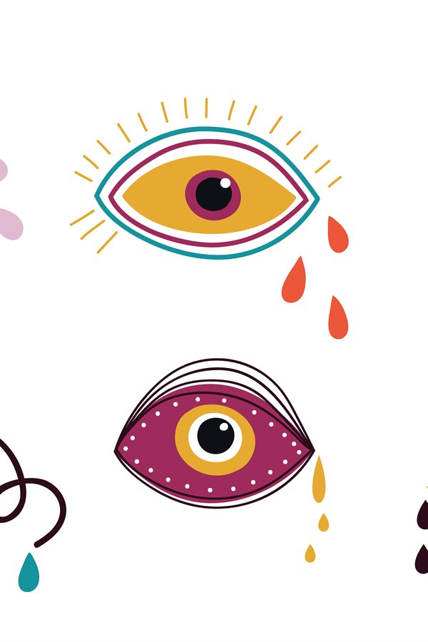 Crying eyes. Abstract eye, drops colorful falling down. Cont