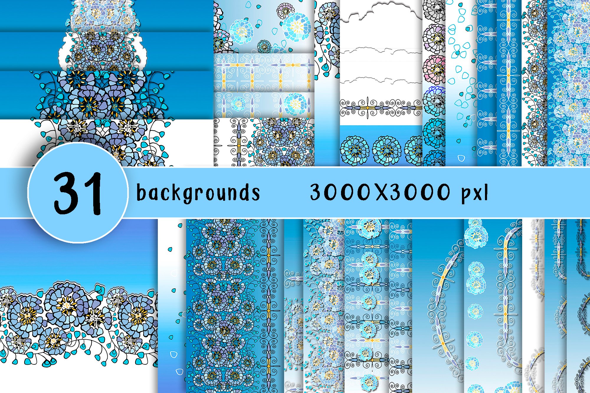 Digital paper for scrapbooking.The floral ornament is blue.