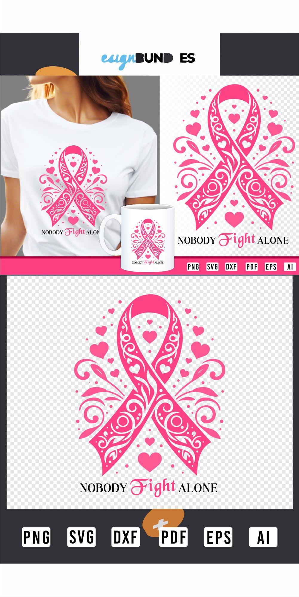 Pink Breast Cancer Ribbon with floral and Heart SVG Designs