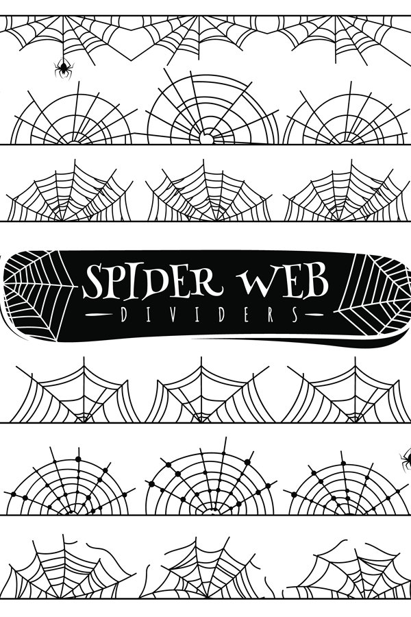 Spider web dividers. Halloween spiderwebs with spiders, cobw