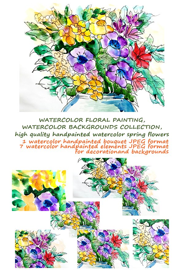 Spring flowers 2 bouquet. Watercolor painting and background