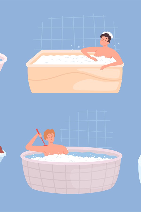 People bathing. Happy persons male and female washing body a