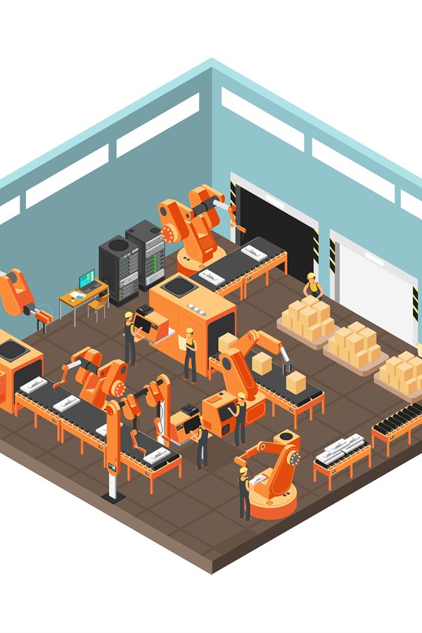 Isometric factory workshop with conveyor line, workers, elec